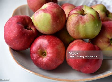 흰색 배경에 접시에 빨간색과 노란색 사과 육즙이 많은 신선한 사과는 부엌에서 갓 씻었습니다 0명에 대한 스톡 사진 및 기타