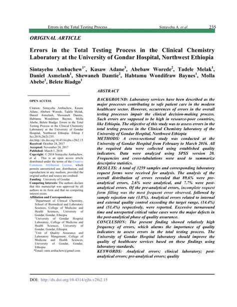 Pdf Errors In The Total Testing Process In The Clinical Chemistry Laboratory At The University