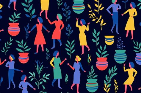Premium Vector People Dancing And Plants And Pots Pattern