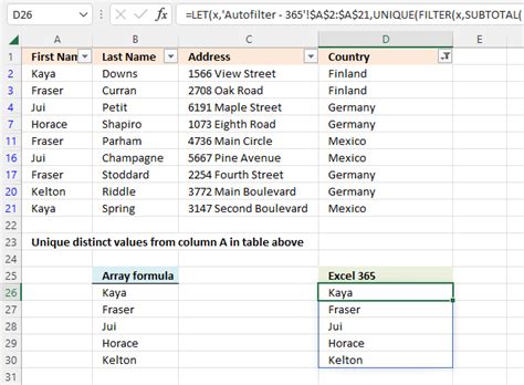Extract Unique Distinct Values From An Excel Table Filtered List