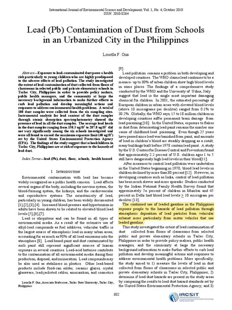 Lead Pb Contamination Of Dust From Schools In An Urbanized City In The Philippines Pdf