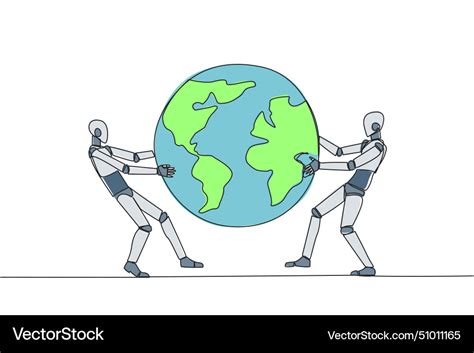 Single One Line Drawing Two Strong Robot Fighting Vector Image