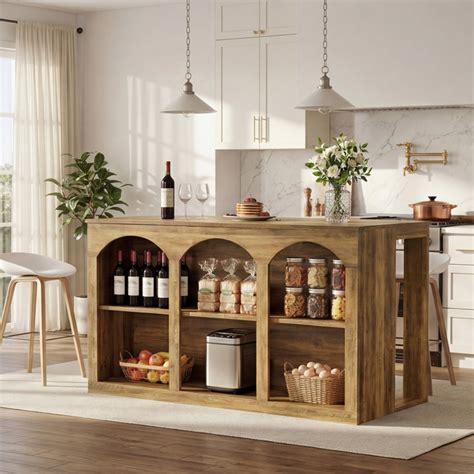 August Grove Kitchen Island With 3 Storage Shelves 5512 Inch Farmhouse Kitchen Shelf Bar Table