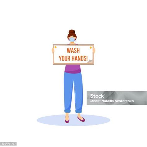 손 플랫 컬러 벡터 얼굴없는 캐릭터를 씻어 적절한 위생으로 바이러스 전송을 중지합니다 웹 그래픽 디자인 및 애니메이션을 위한 사인 격리 만화 일러스트레이션을 들고 있는 여성