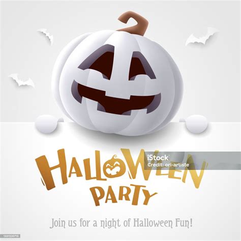 할로윈 파티 흰색 배경에 큰 인사말 간판 귀여운 잭 O 랜턴 흰색 호박 캐릭터의 3d 그림 3차원 형태에 대한 스톡 벡터 아트 및 기타 이미지 Istock