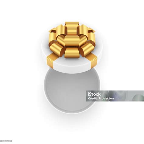 세련된 둥근 흰 종이 포장 선물 상자 황금 금속 활로 장식 된 오픈 캡 상단 전망 3차원 형태에 대한 스톡 벡터 아트 및 기타