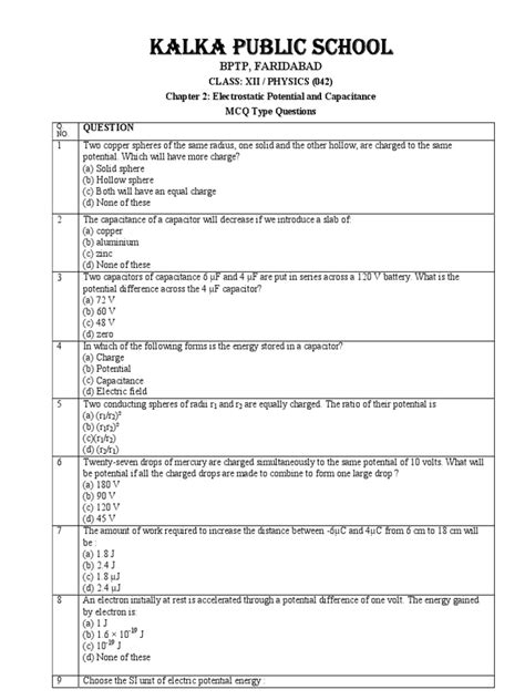 Mcq Xii Physics Chapter 2 Pdf Capacitance Capacitor