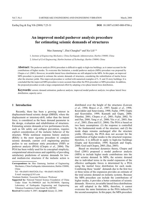 Pdf An Improved Modal Pushover Analysis Procedure For Estimating Seismic Demands Of Structures
