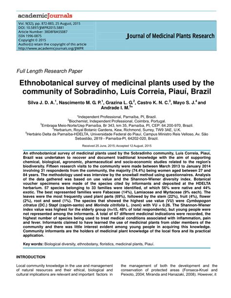 Pdf Journal Of Medicinal Plants Research Ethnobotanical Survey Of