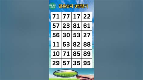 같은 숫자 찾기두뇌 건강집중력기억력인지 능력치매 테스트치매 예방 퀴즈숫자 퀴즈숫자 찾기기억력 향상치매 예방