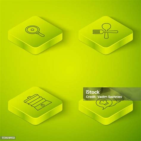 아이소메트릭 라인 교차 포크와 스푼 슬로우 쿠커 말풍선의 요리사 모자 및 프라이팬 아이콘을 설정합니다 벡터 3차원 형태에 대한 스톡 벡터 아트 및 기타 이미지 Istock