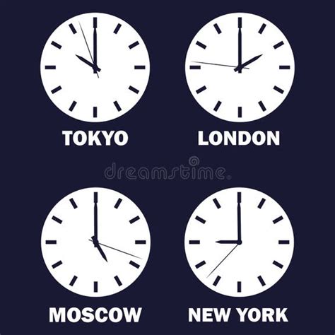 set of clocks showing the time difference in different time zones