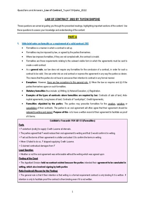 Questions And Answers Contract Law 2022 Law Of Contract 2022 By Tuyeni Shipoke These