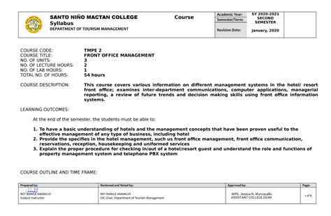 Syllabus Front Office Management Santo NiÑo Mactan College Course Syllabus Department Of