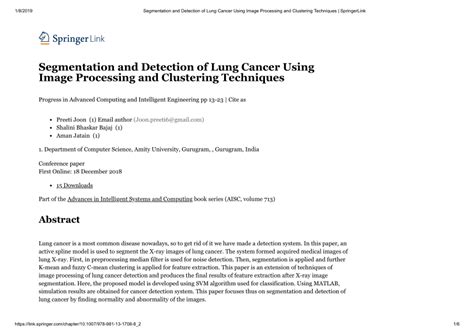 Pdf Segmentation And Detection Of Lung Cancer Using Image Processing And Clustering Techniques