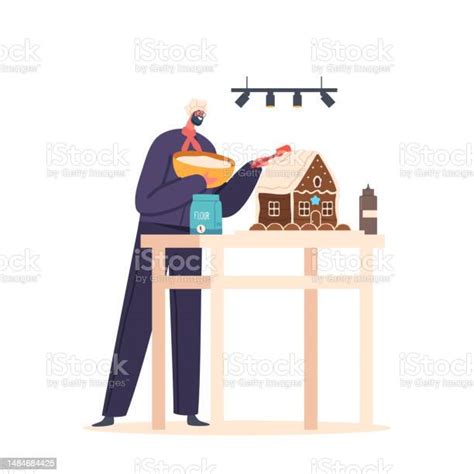 페이스트리 셰프 남성 캐릭터는 다양한 재료와 기술을 사용하여 맛있는 진저브레드 하우스 디저트를 만듭니다 가정 주방에 대한 스톡
