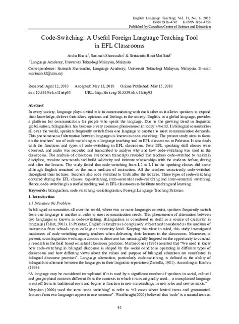 Pdf Code Switching A Useful Foreign Language Teaching Tool In Efl Classrooms