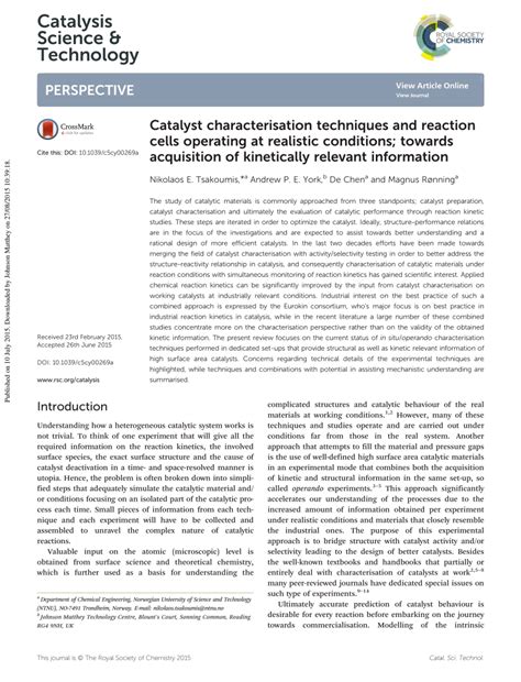 Pdf Catalyst Characterisation Techniques And Reaction Cells Operating At Realistic Conditions
