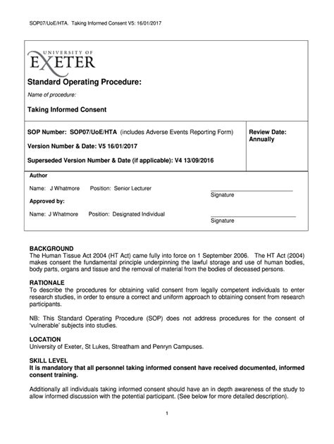 Fillable Online Standard Operating Procedure University Of Exeter Fax