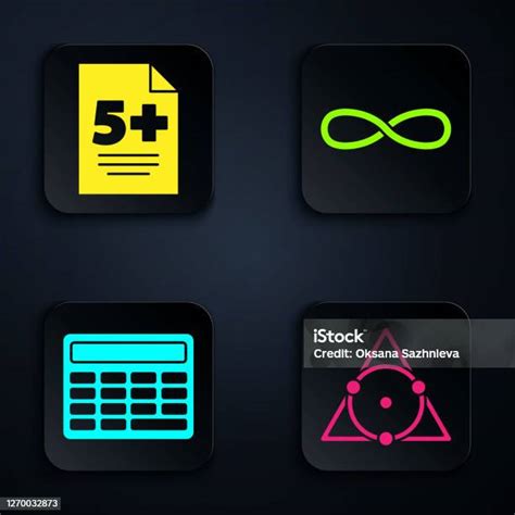 삼각형 수학 시험 또는 시험 시트 계산기 및 무한대설정 검은 색 사각형 버튼 벡터 0명에 대한 스톡 벡터 아트 및 기타 이미지