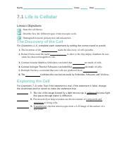 Ch7 1 Life Is Cellular StWB Doc Name Class Date 7 1 Life Is Cellular Lesson Objectives State