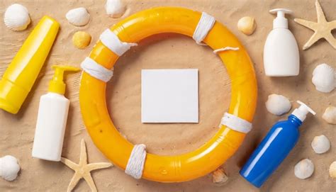 Premium Photo Top View Empty Round Frame With Sunscreen Sprays Tubes And Bottles Shells And