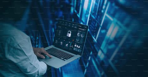 Ai 기반 사이버 보안 혁신 개념 랩톱 컴퓨터로 작업하는 엔지니어 컴퓨터 현대 서버 룸 네트워크 배경에 패드 잠금 아이콘을 표시합니다 사진 Unsplash의 사업 이미지