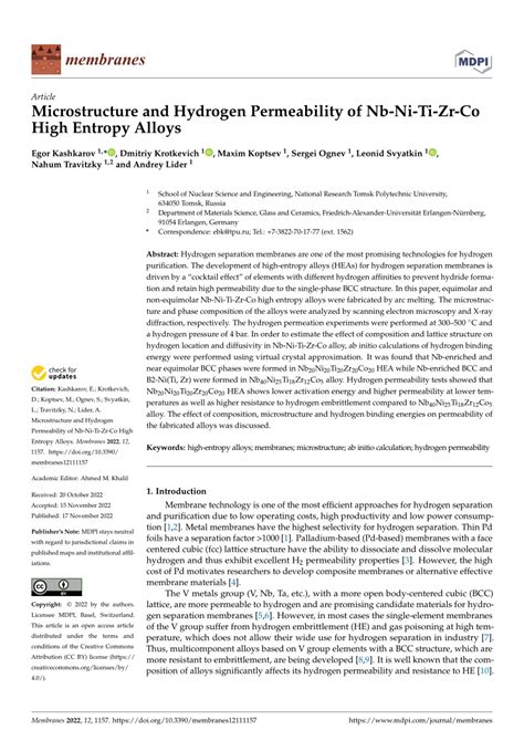 Pdf Microstructure And Hydrogen Permeability Of Nb Ni Ti Zr Co High Entropy Alloys
