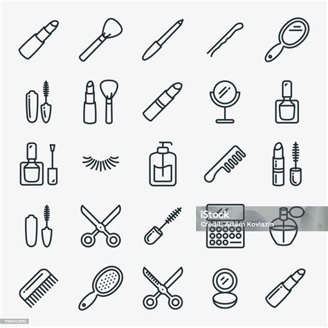 아름다움 화장품 최소한 플랫 라인 개요 스트로크 아이콘 그림 기호 집합된 컬렉션 가위에 대한 스톡 벡터 아트 및 기타 이미지
