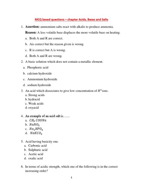 Mcq Based Questions Grade 10 Acids Bases And Salts Pdf Acid Hydroxide