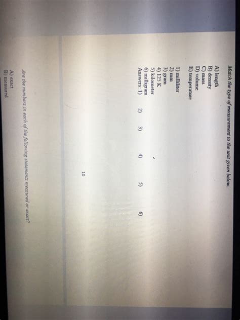 Solved Match The Type Of Measurement To The Unit Given