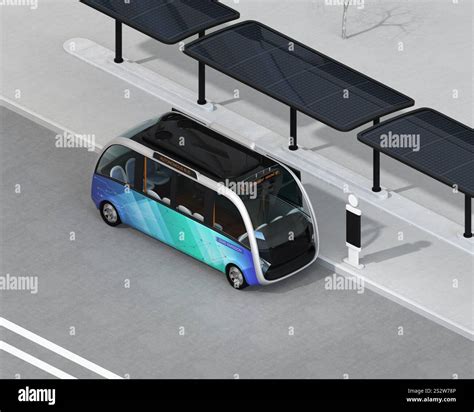 Isometric Image Of An Automated Shuttle Bus Stopping At A Bus Stop
