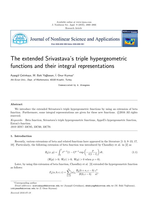Pdf The Extended Srivastavas Triple Hypergeometric Functions And