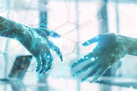 wireframed blue robot hand touching digital connection network on dark background 3d rendering