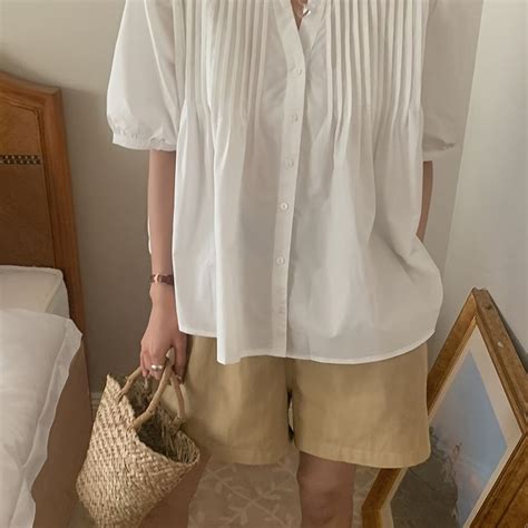 Temu｜버튼 프런트 노치 넥 루즈 블라우스 우아한 반팔 블라우스 봄 And 여름 여성 의류 여성용 옷 블라우스 여성 의류