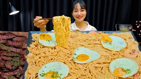 꾸덕꾸덕 쉬림프 매콤크림파스타에 부드럽고 육즙 가득한 스테이크먹방😋 Cream Pasta Mukbang Eating Show Asmr Youtube