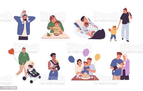 유치원 아이들이 있는 가족 행복한 부모와 자녀 어머니 아버지 아기 엄마 아들 딸과 함께 아빠 흰색 배경에 격리된 플랫 그래픽 벡터 일러스트레이션 유아에 대한 스톡 벡터 아트