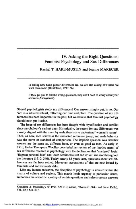 Pdf Iv Asking The Right Questions Feminist Psychology And Sex Differences