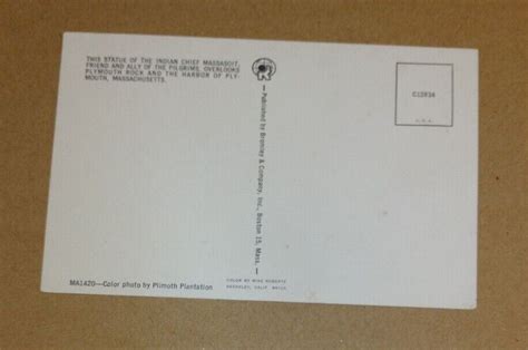 Vintage Unused Postcard Massasoit Indian Statue Plymouth Mass Asia And Middle East India