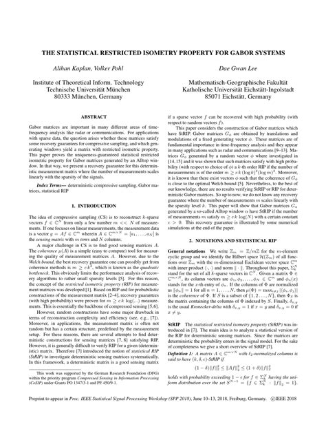 PDF The Statistical Restricted Isometry Property For Gabor Systems