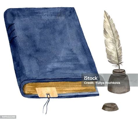 잉크병에 책갈피와 깃털이 있는 파란 책 수채화 손으로 그린 그림은 흰색 배경에 분리되어 있습니다 디자인 카드 전단지 및 초대장용