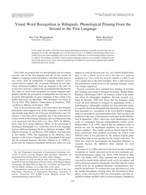 Pdf Visual Word Recognition In Bilinguals Phonological Priming From The Second To The First