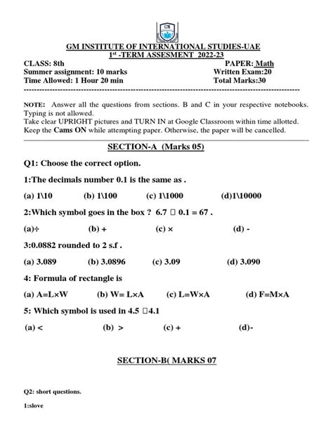 Paper Grade 8 Math Pdf