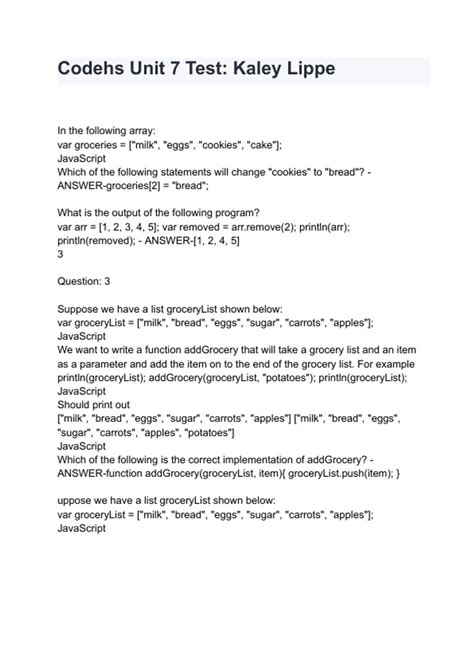 Codehs Unit 7 Test Kaley Lippe With Complete Solution Apcsp 2024