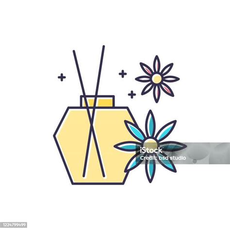 아로마 테라피 색상 아이콘입니다 꽃 향기 스틱 유리 항아리에 에센셜 오일 셀프 케어 및 웰빙 치료 스파 제품 화장품 장식 꽃