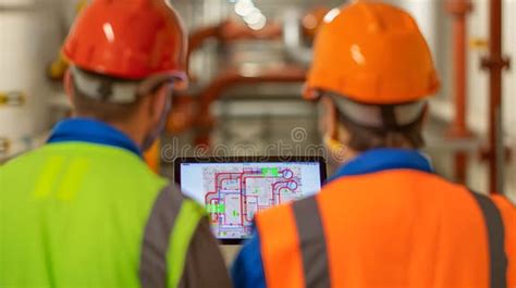 Engineers Reviewing Complex System Schematics On A Laptop Overseeing