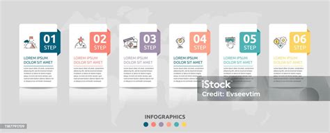 벡터 인포그래픽 플랫 템플릿입니다 여섯 다이어그램 그래프 순서도 타임 라인 마케팅 프리젠 테이션사각형 6개의 레이블이 있는 비즈니스 컨셉 0명에 대한 스톡 벡터 아트 및