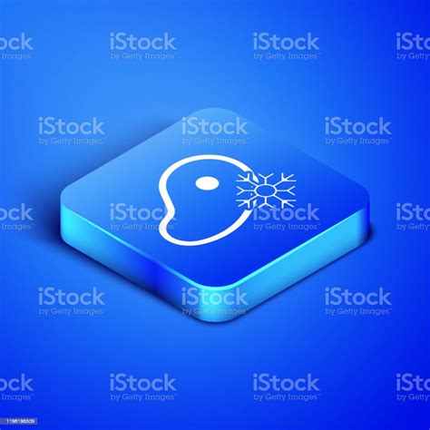 아이소메트릭 신선한 냉동 스테이크 고기 아이콘 파란색 배경에 격리 파란색 사각형 버튼입니다 벡터 일러스트레이션 고기에 대한 스톡