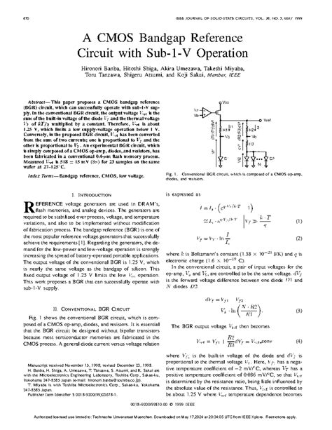 A Cmos Bandgap Reference Circuit With Sub 1 V Operation 670 Ieee Journal Of Solid State