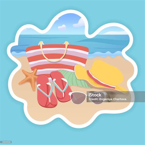 해변 액세서리 평면 일러스트레이션 여름 방학 스티커 디자인 비치 백 챙이 많은 모자 플립 플롭 수건 바다와 햇볕이 잘 드는 자연